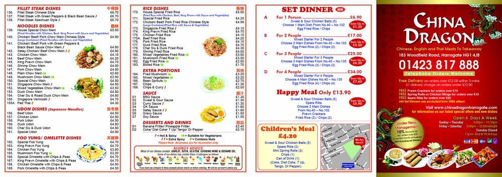 Menu at China Dragon fast food, Harrogate, 183 Woodfield Rd