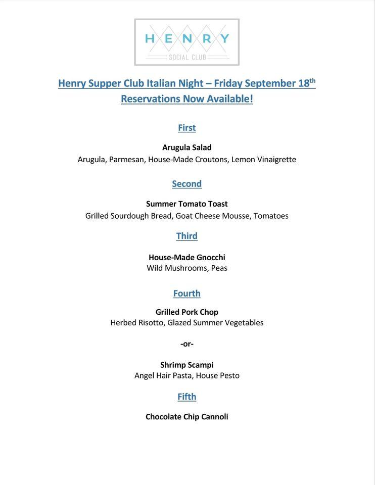 Menu at Henry Social Club, Columbus