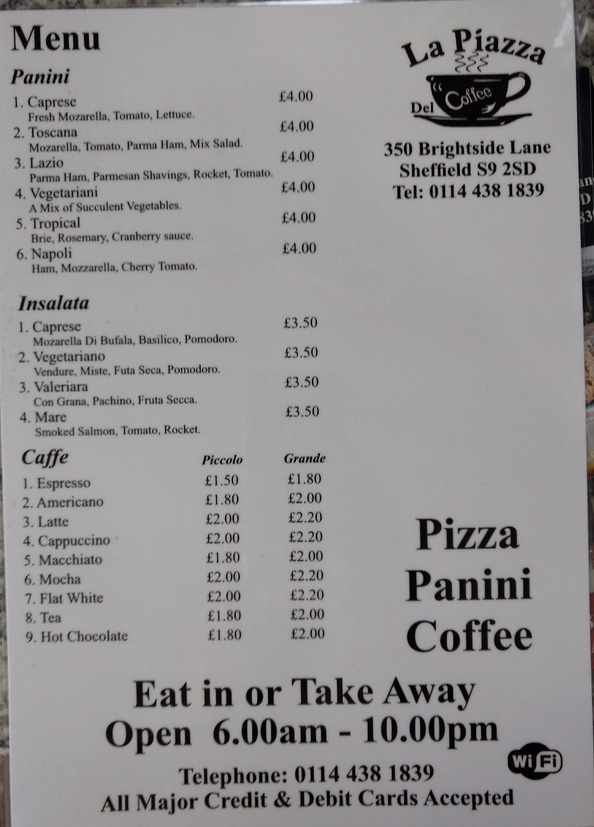 Menu at La Piazza Caffe cafe, Sheffield