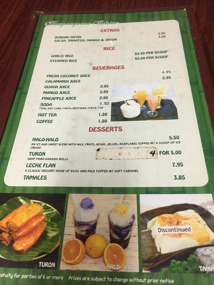 Menu at Pampanguena Cuisine restaurant, San Francisco