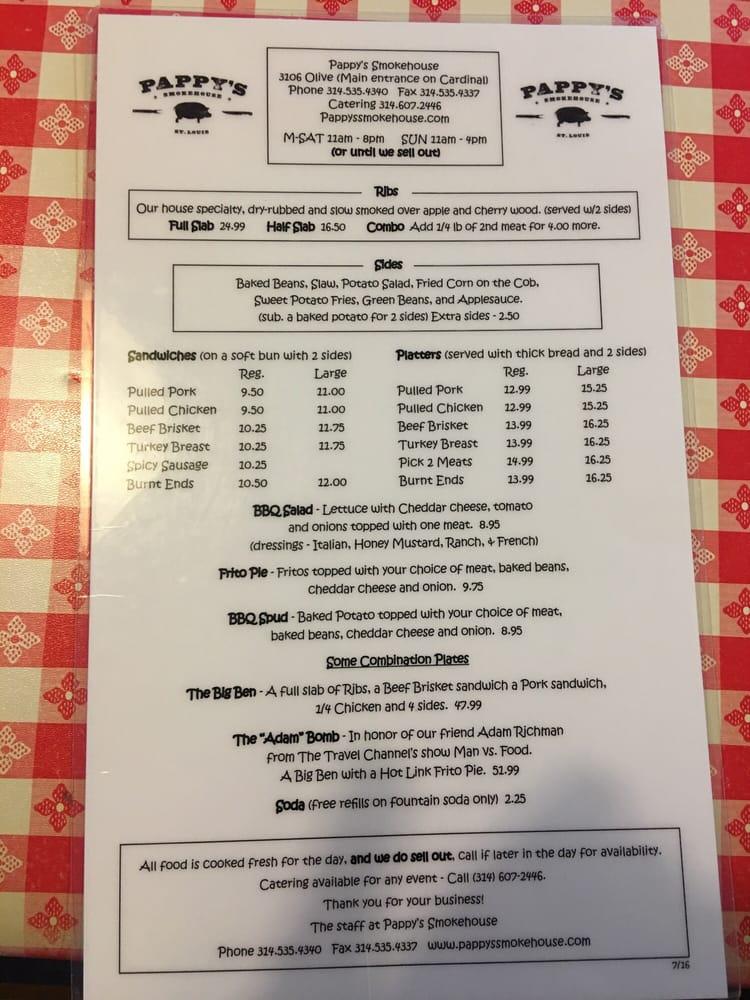 Menu at Pappy's Smokehouse BBQ, St. Louis