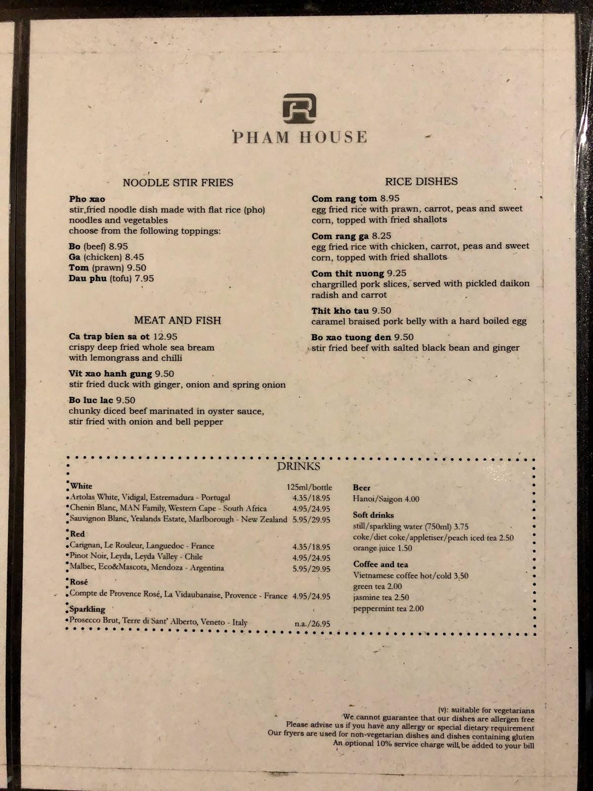 Menu at Pham House restaurant, London