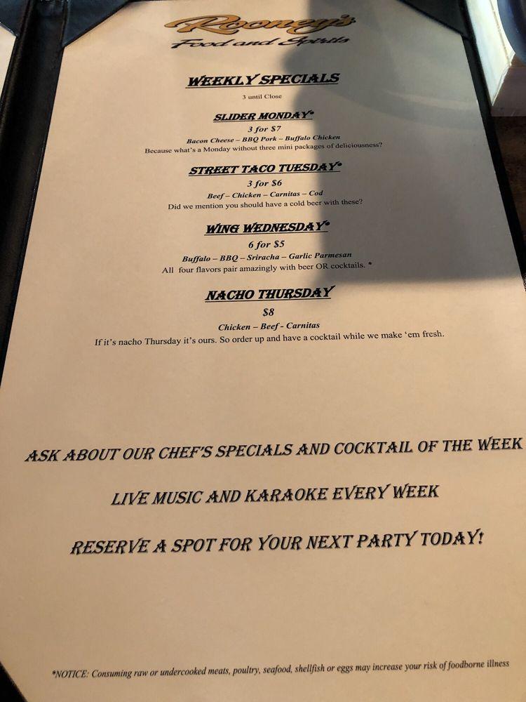 Menu at Rooney's Food and Spirits pub & bar, Woodinville
