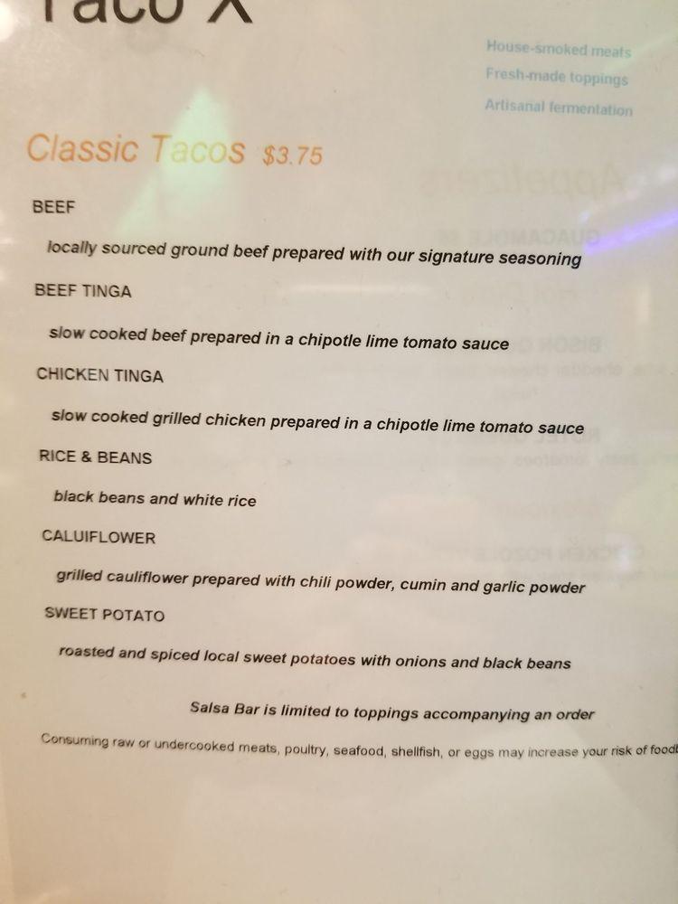 Menu at Taco X restaurant, Killington