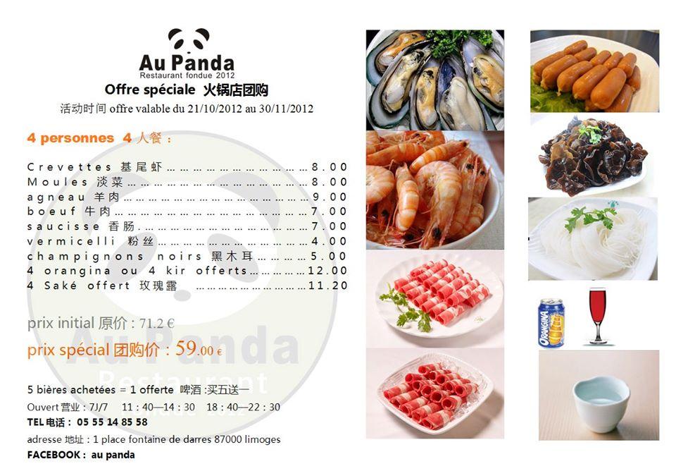 Menu at Au Panda 2012 - Ming Xin restaurant, Limoges