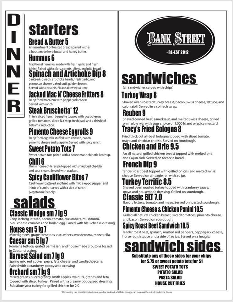 Menu at Bank Street Cafe, Griffin