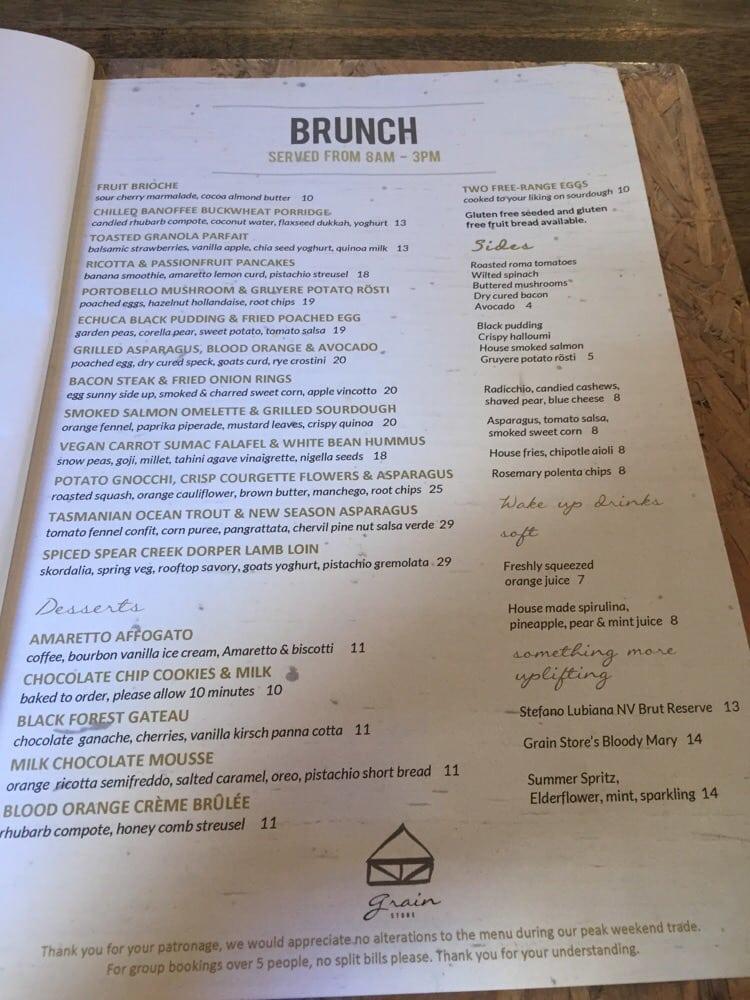 Menu at Grain Store cafe, Melbourne