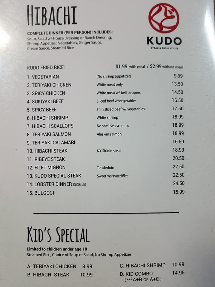 Menu at Kudo Steakhouse & Sushi, Lawton