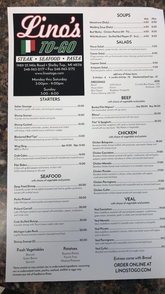 Menu at Lino's North steakhouse, Oakland charter Township