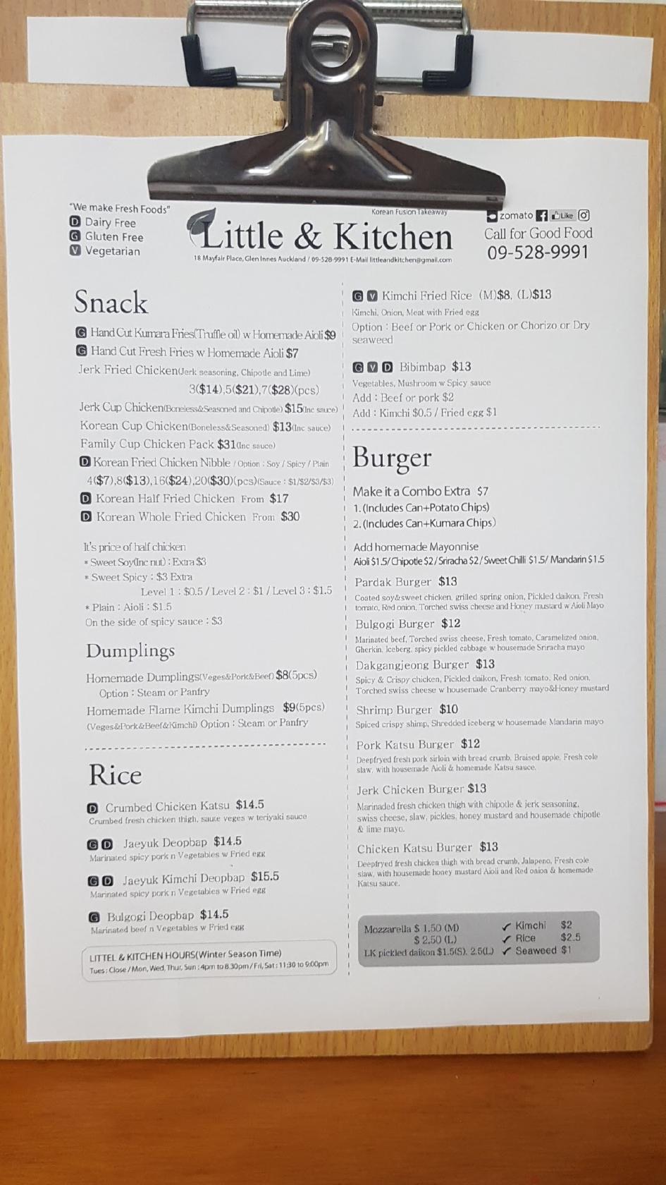 Menu at Little & Kitchen restaurant, Auckland