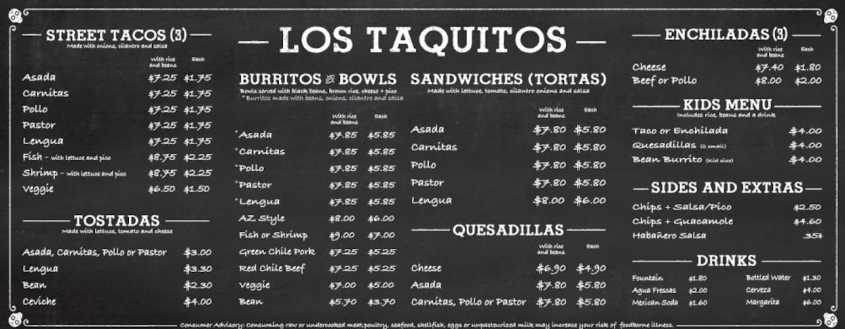 Menu at Los Taquitos restaurant, Chandler