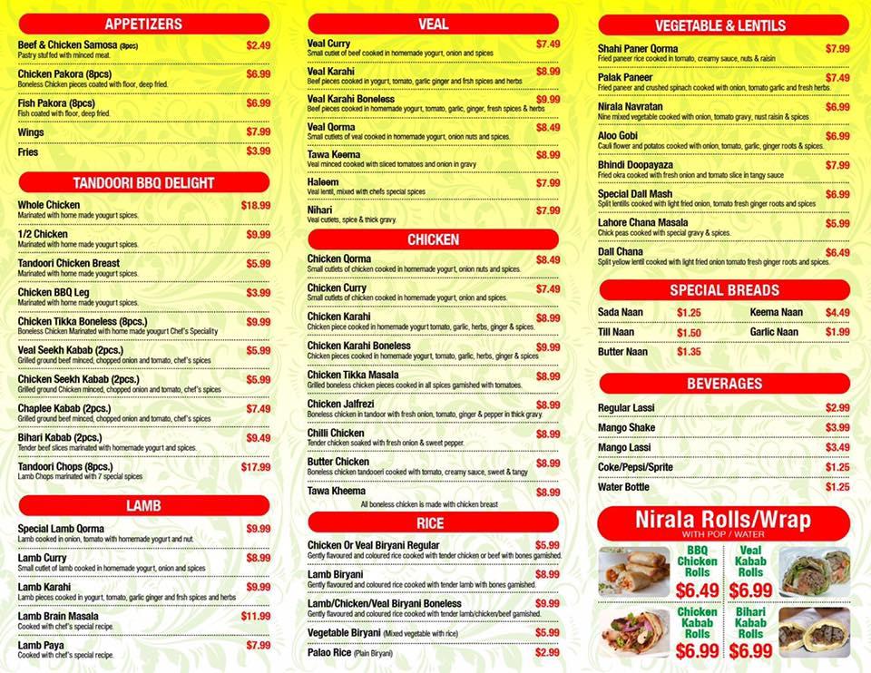 Menu at Nirala Sweets and Restaurant, Toronto