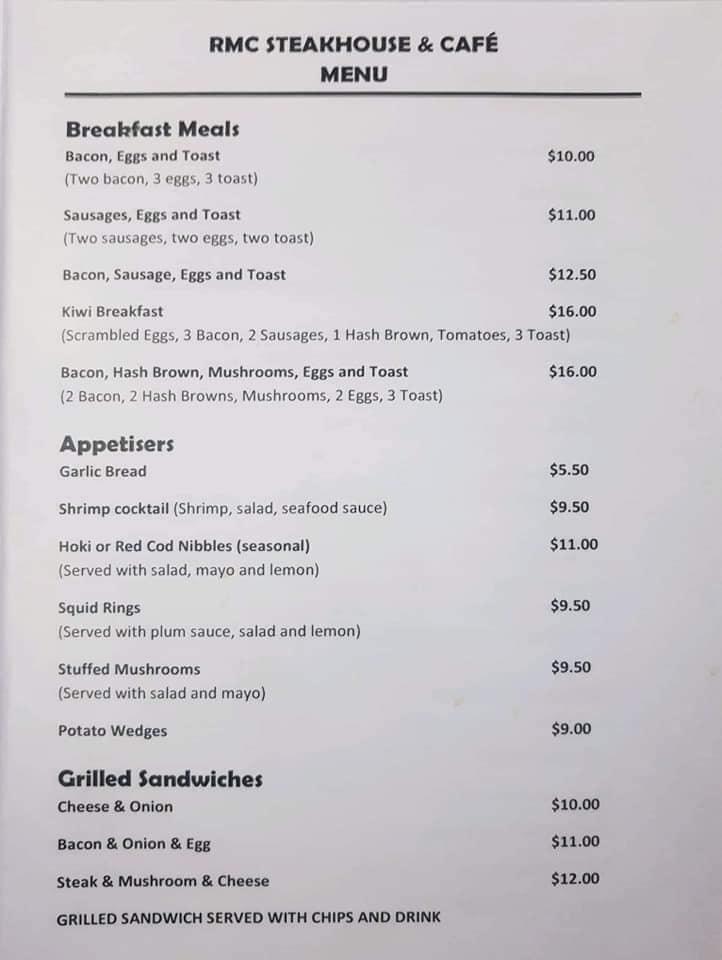 Menu at RMC Steakhouse, Porirua