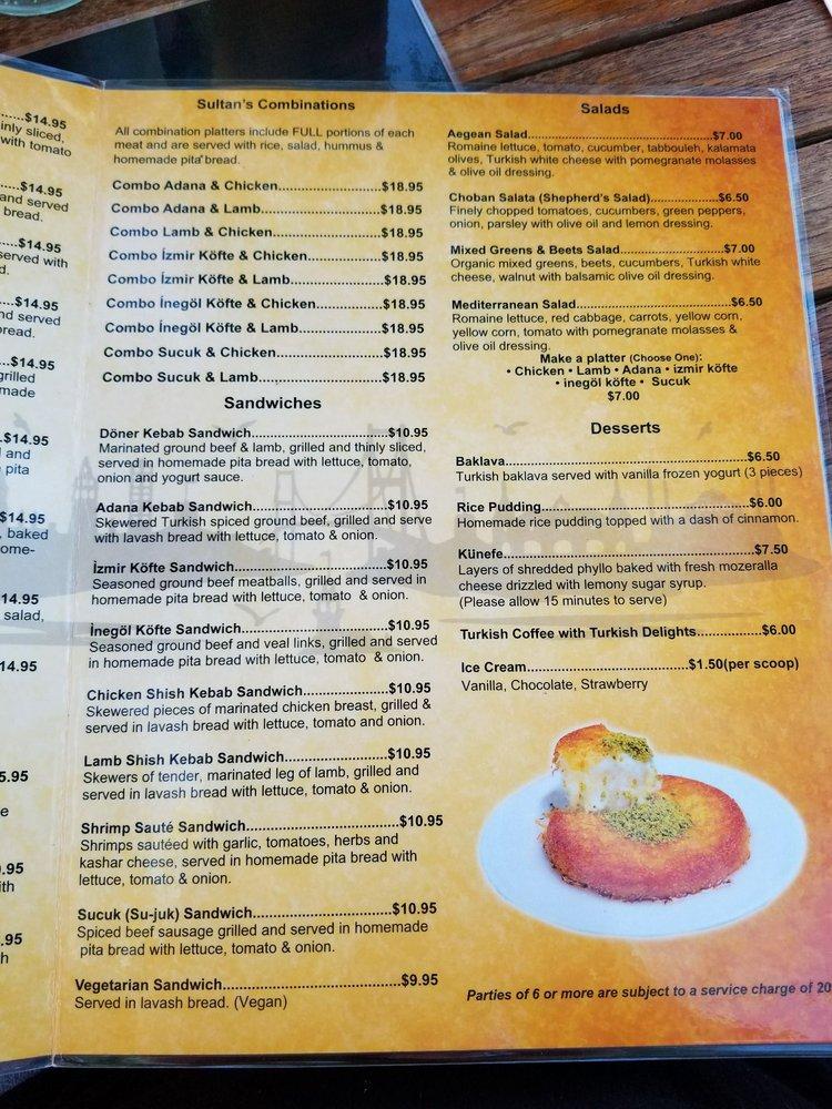 Menu at Sultan Kebab restaurant, Charlottesville, 333 2nd St SE