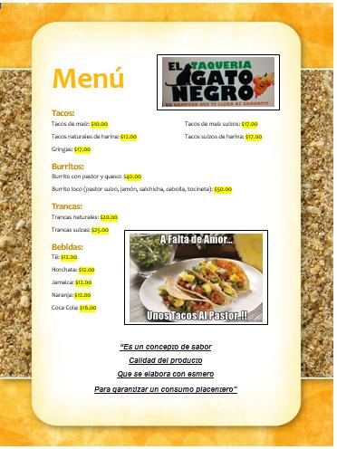 Menu at Taqueria "El Gato Negro" restaurant, Campeche