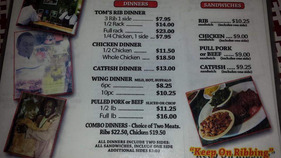 Menu at Tom's Place BBQ, Delray Beach