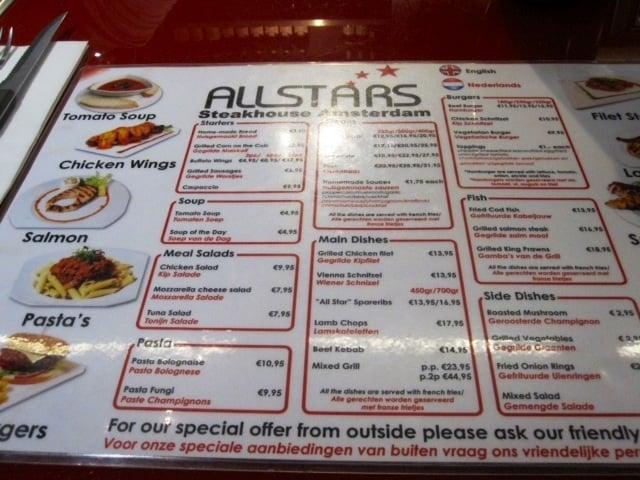 Menu at Allstars Steakhouse, Amsterdam