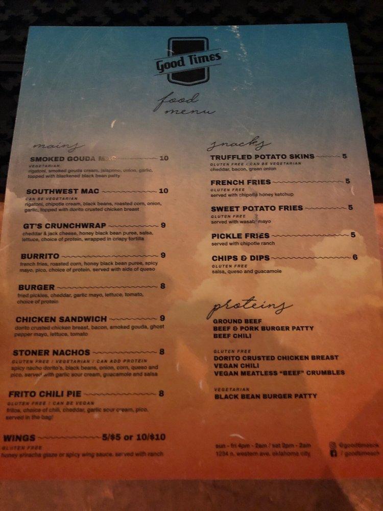 Menu at Good Times pub & bar, Oklahoma City