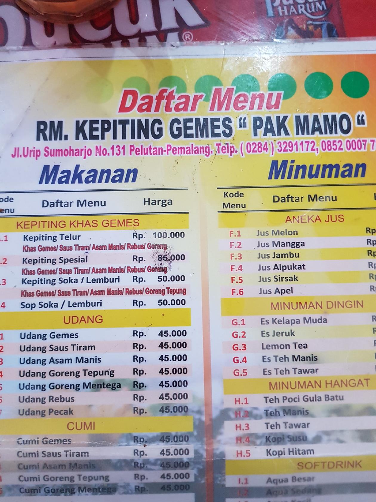 Menu at Kepiting Gemes Pak Mamo restaurant, Pemalang, Jl. Urip ...