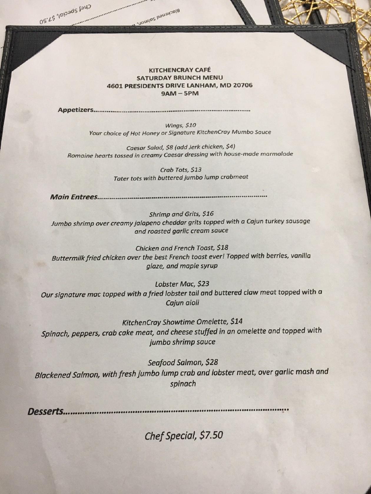 Menu at KitchenCray Cafe, Lanham