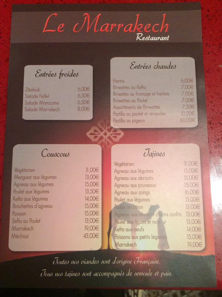 Menu au Le Marrakech restaurant, Istres