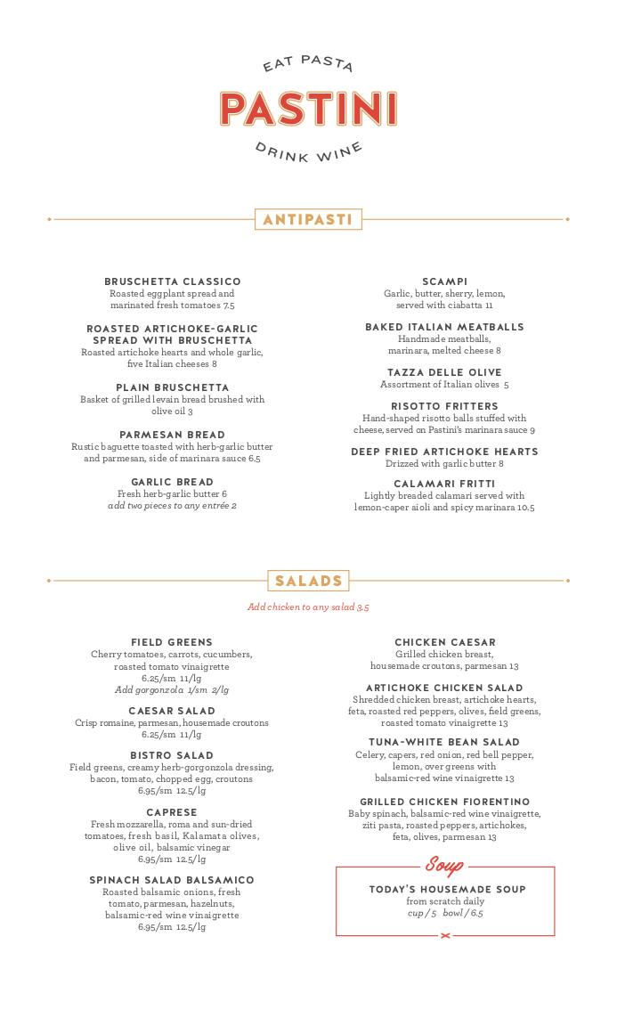 Menu at Pastini restaurant, Bend