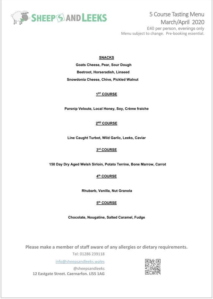 Menu at Sheeps and Leeks restaurant, Caernarfon, 12 Eastgate Street