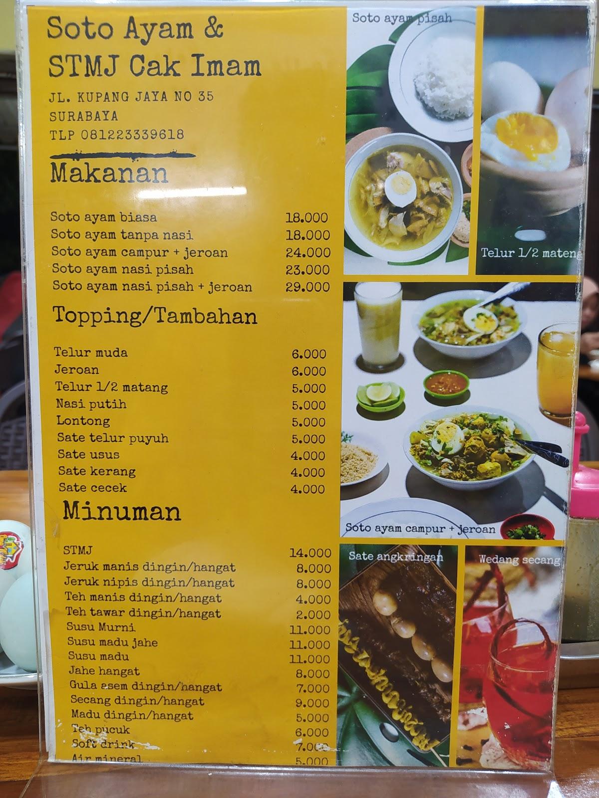Carta del restaurante Soto Ayam & STMJ Cak Imam, Surabaya