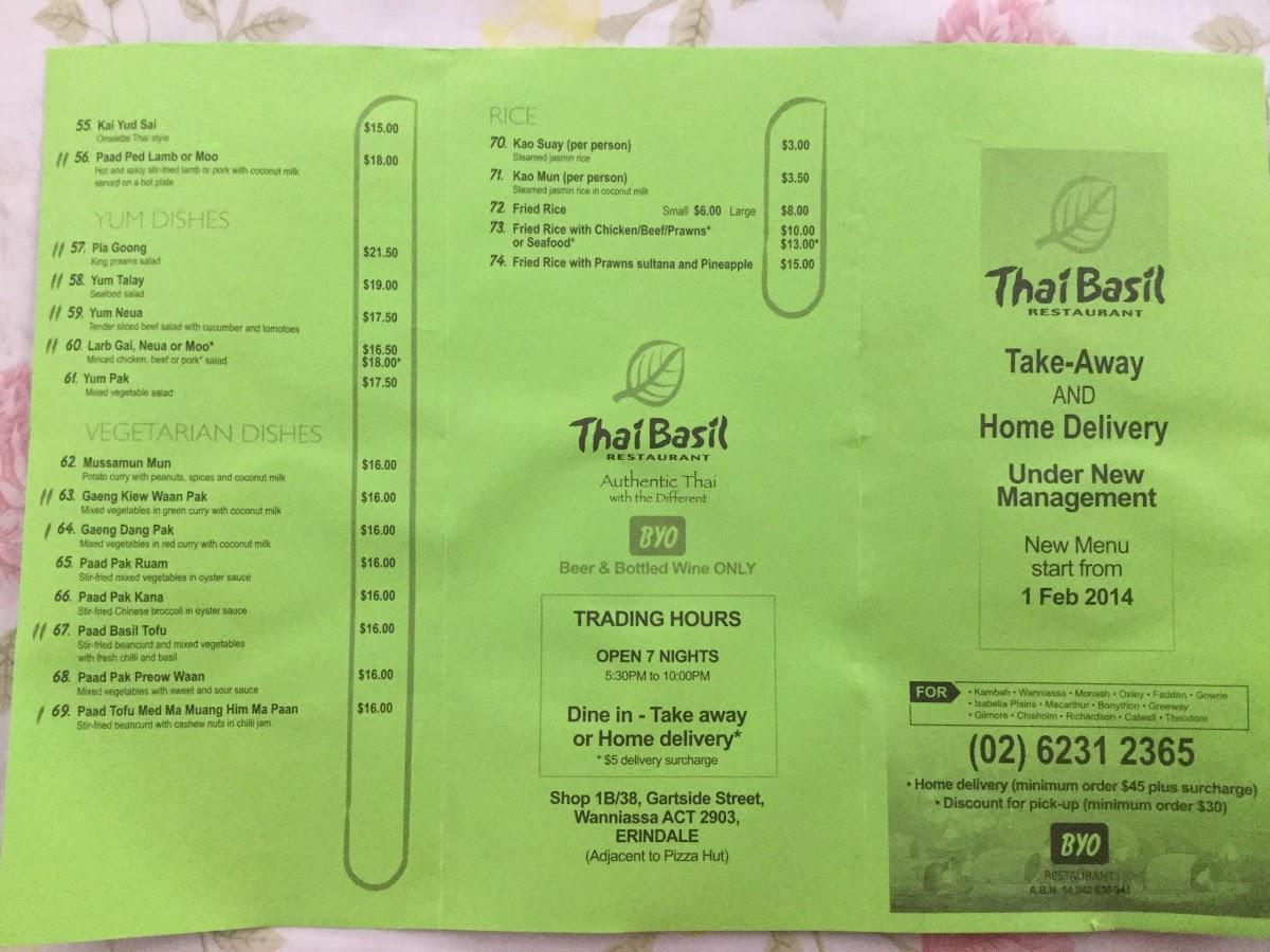 Carta de Thai Basil Restaurant, Wanniassa