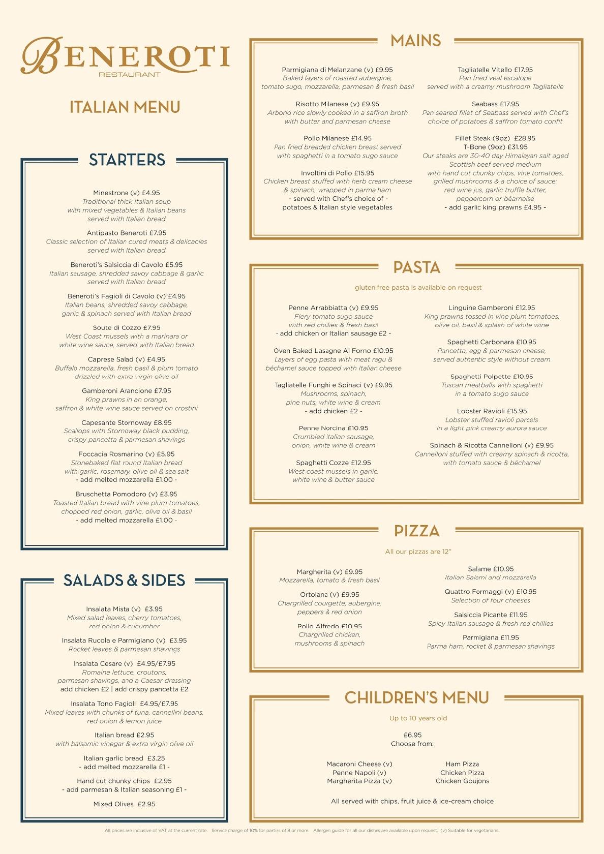 Menu at Beneroti Finnieston pub & bar, Glasgow