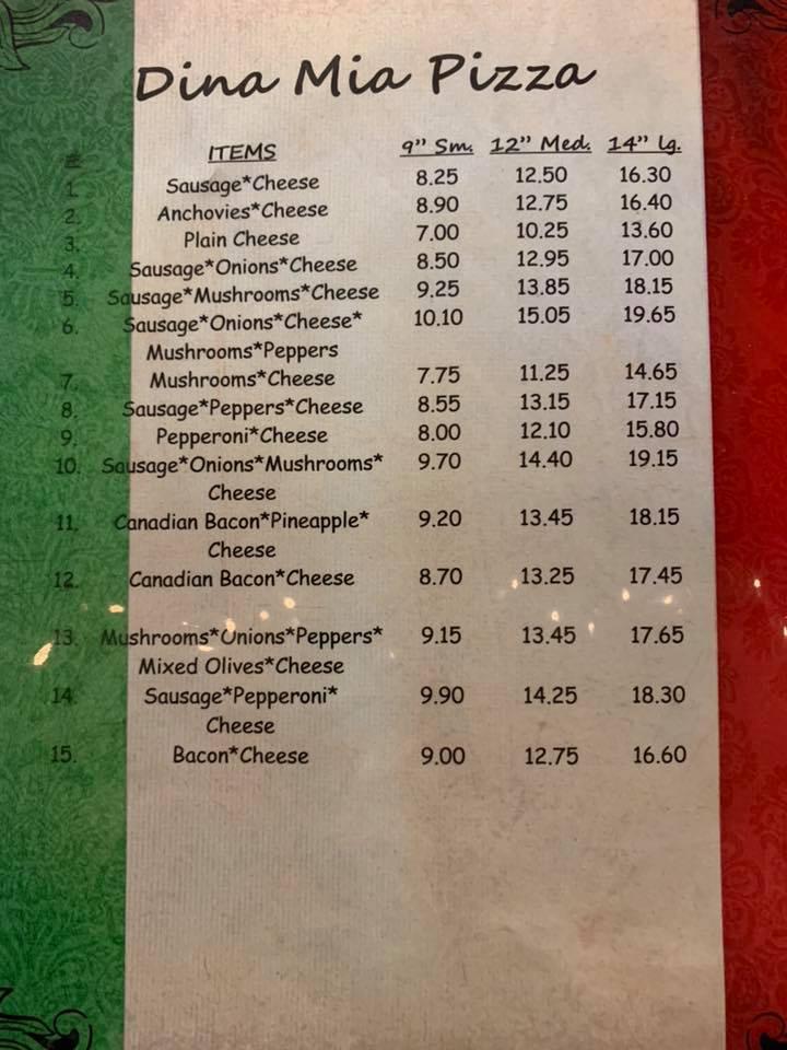 Menu at Dina Mia Pizza pizzeria, Rhinelander