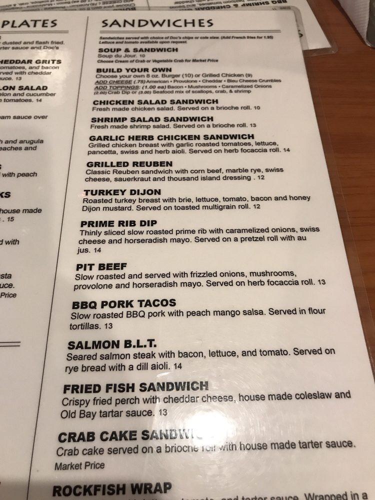 Menu at Doc's Downtown Grille restaurant, Easton