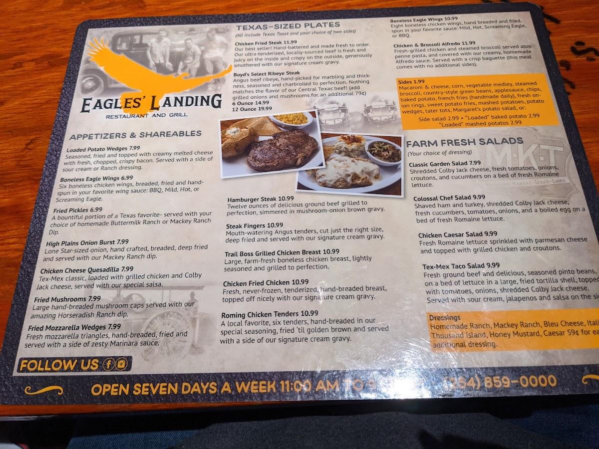 Menu at Eagles' Landing Restaurant and Grill, Bruceville-Eddy