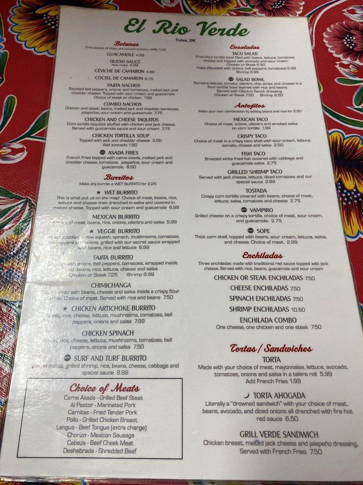 Menu at El Rio Verde Restaurant, Tulsa, 38 N Trenton Ave