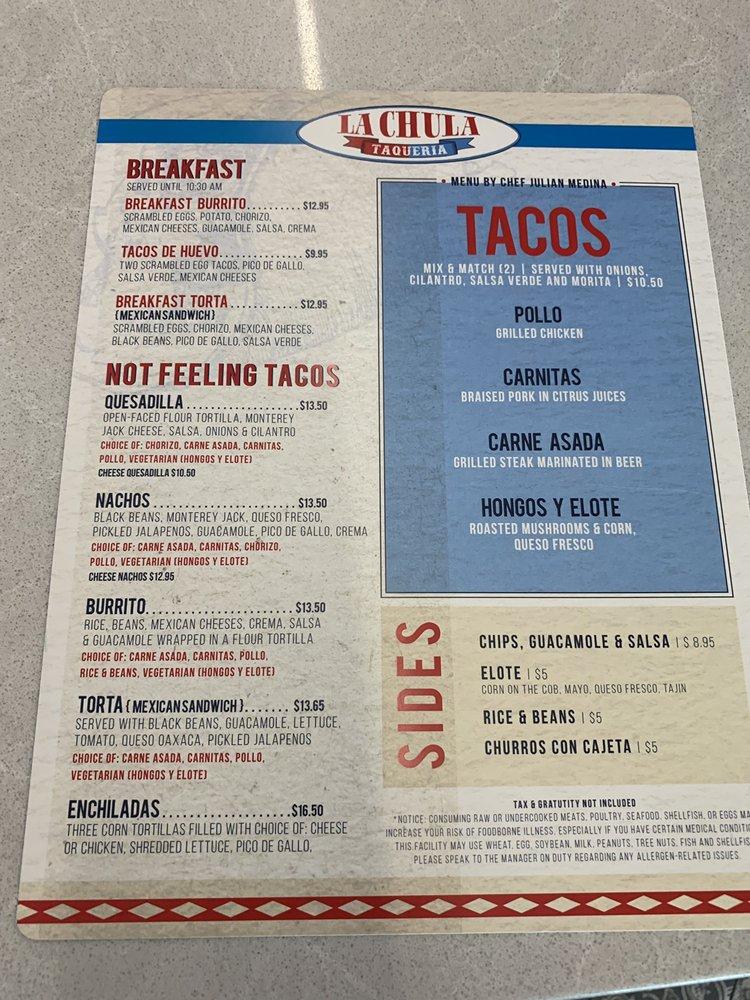 Menu at La Chula restaurant, New York City, LaGuardia Airport Terminal ...