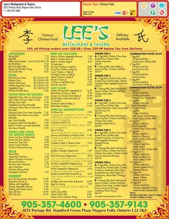 Menu at Lee's Restaurant & Tavern, Niagara Falls