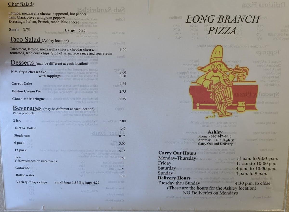 Menu at Long Branch Pizza pizzeria, Ashley