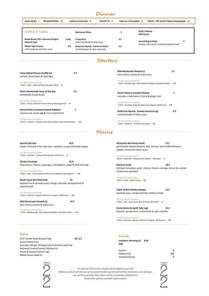 Menu at Table 22 pub & bar, Fareham