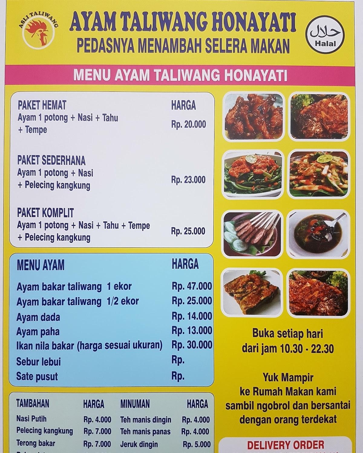 Menu at Taliwang Honayati restaurant, Bandung