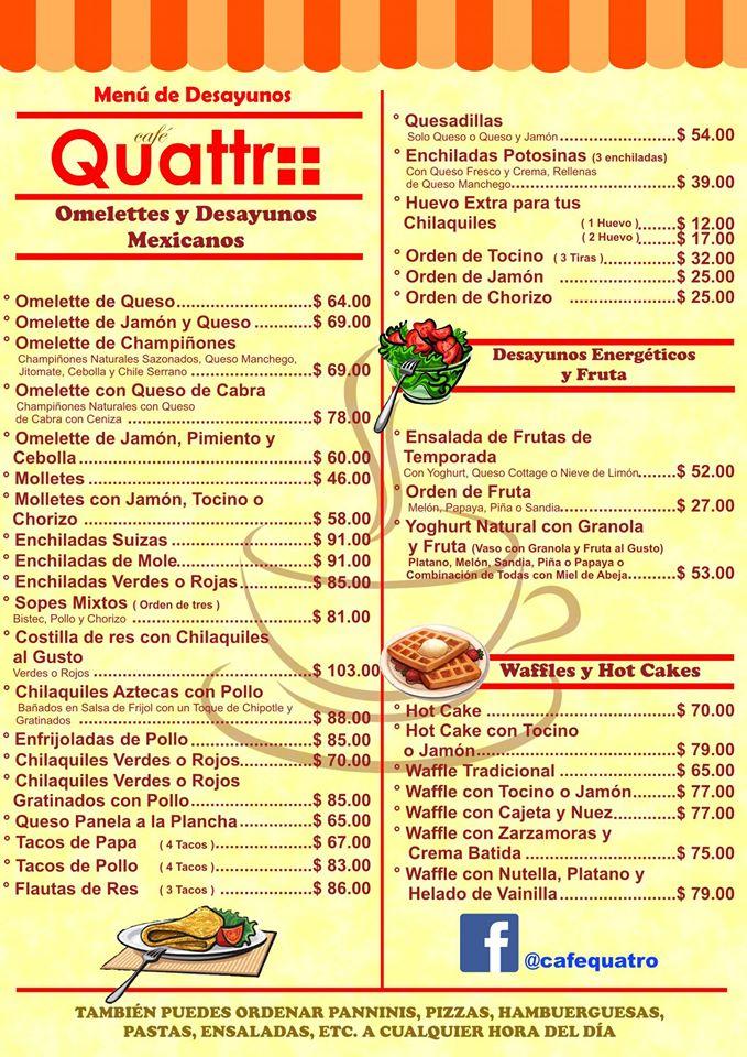 Menu at Cafe Quattro, Mexico City