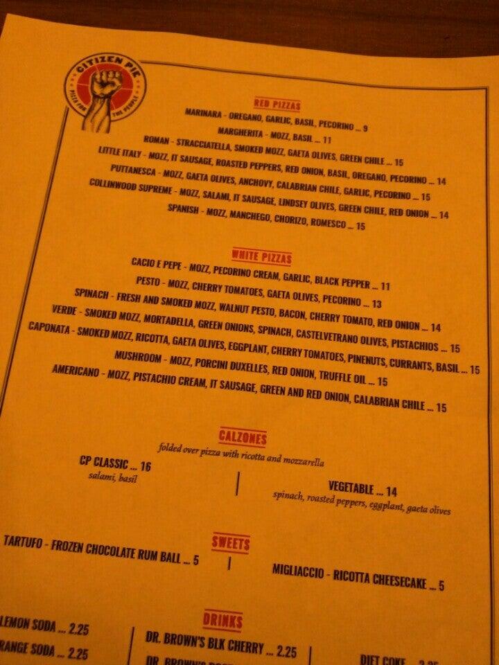 Menu at Citizen Pie pizzeria, Cleveland, Waterloo Rd #1660