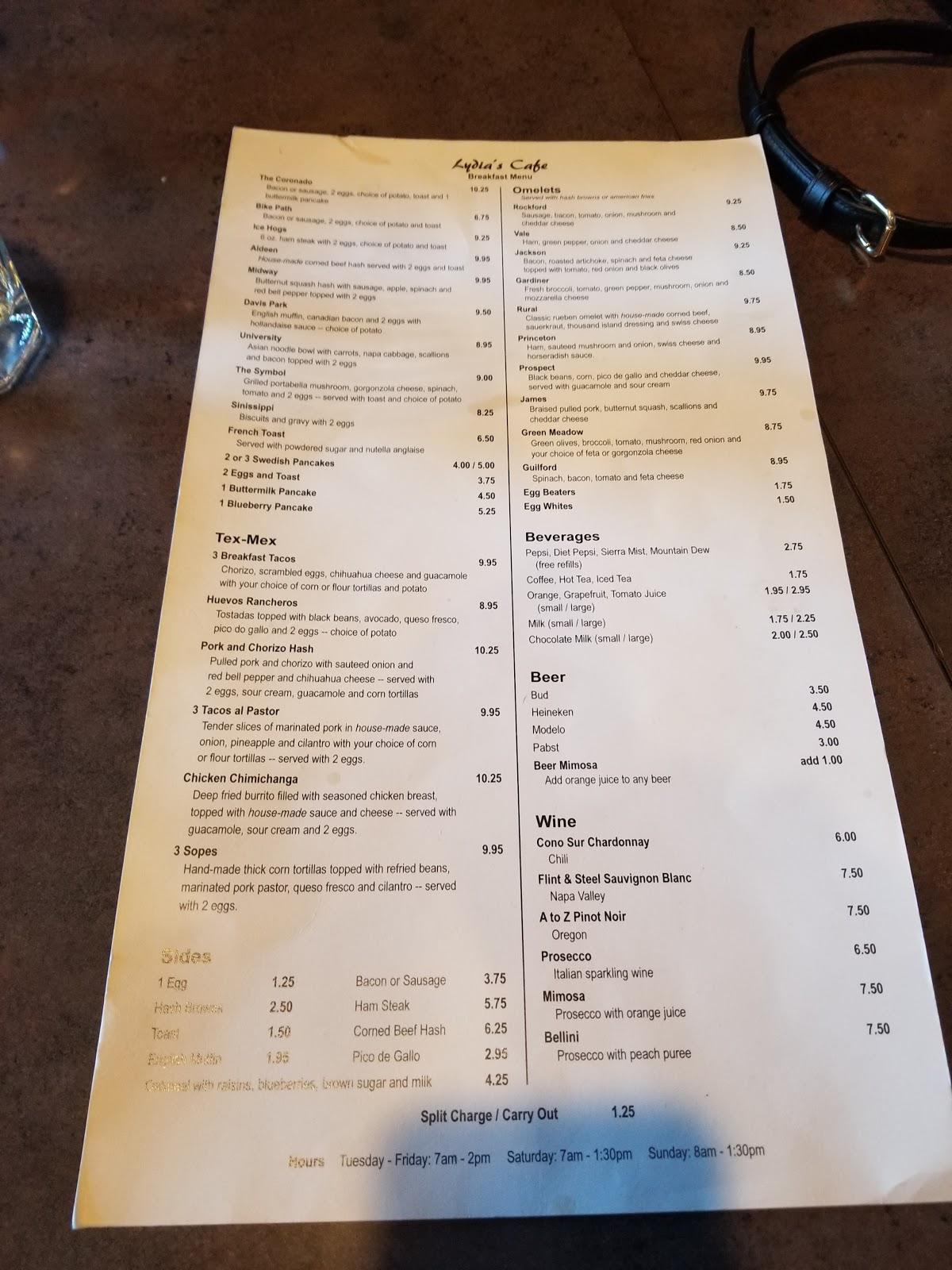 Menu at Lydia's Cafe, Rockford
