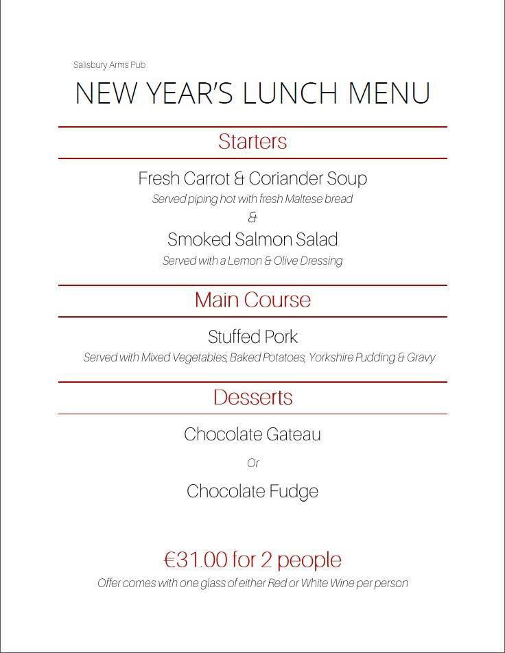 Menu at Salisbury Arms pub & bar, Sliema