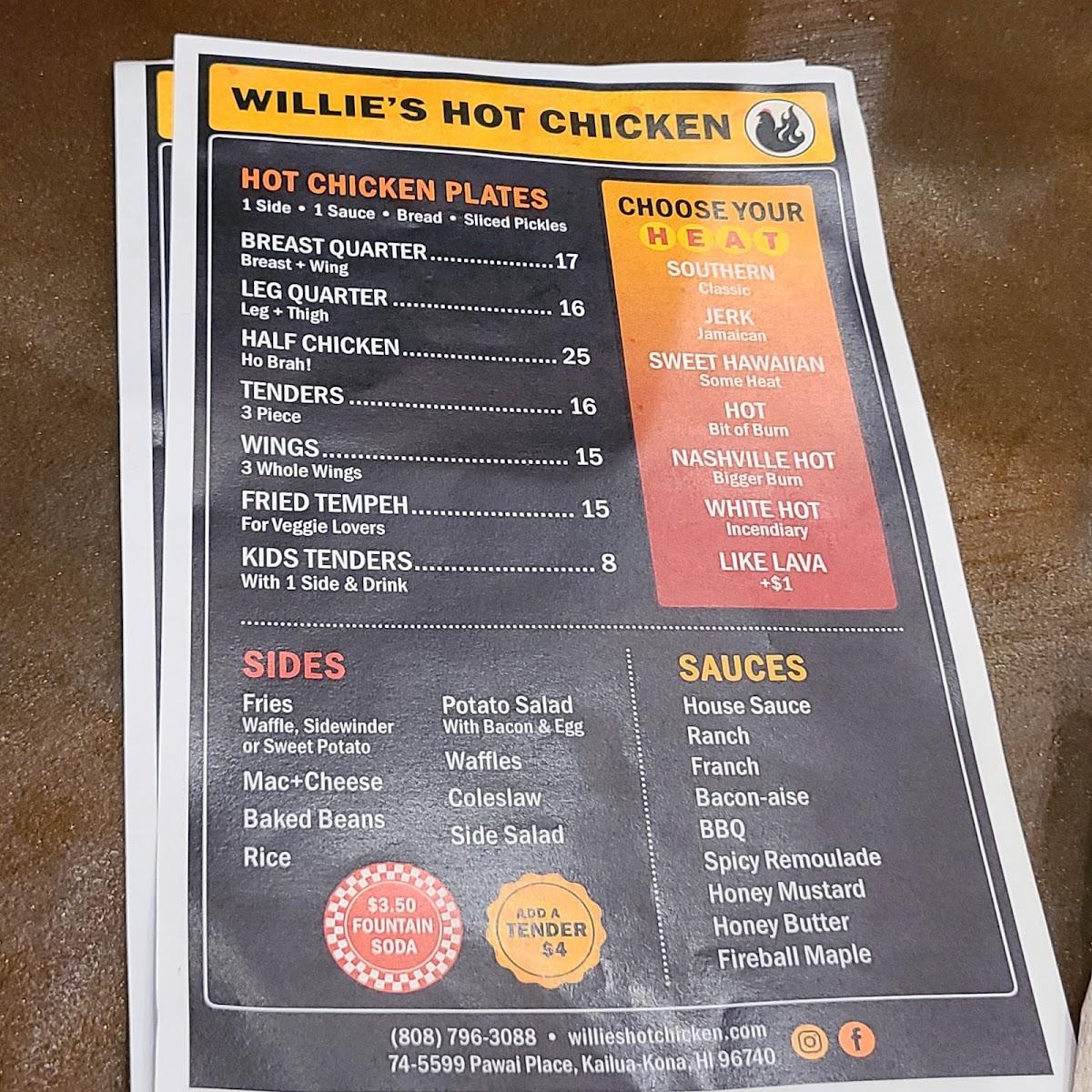 Menu at Willie's Hot Chicken restaurant, Kailua-Kona
