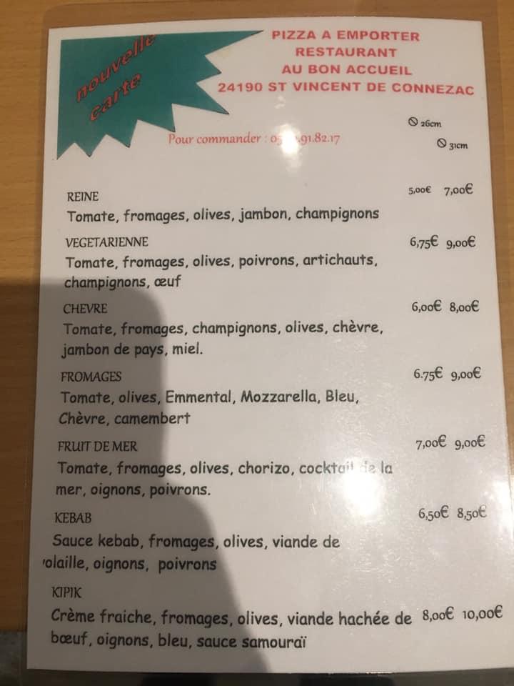 Menu at Au Bon Accueil restaurant, Saint-Vincent-de-Connezac