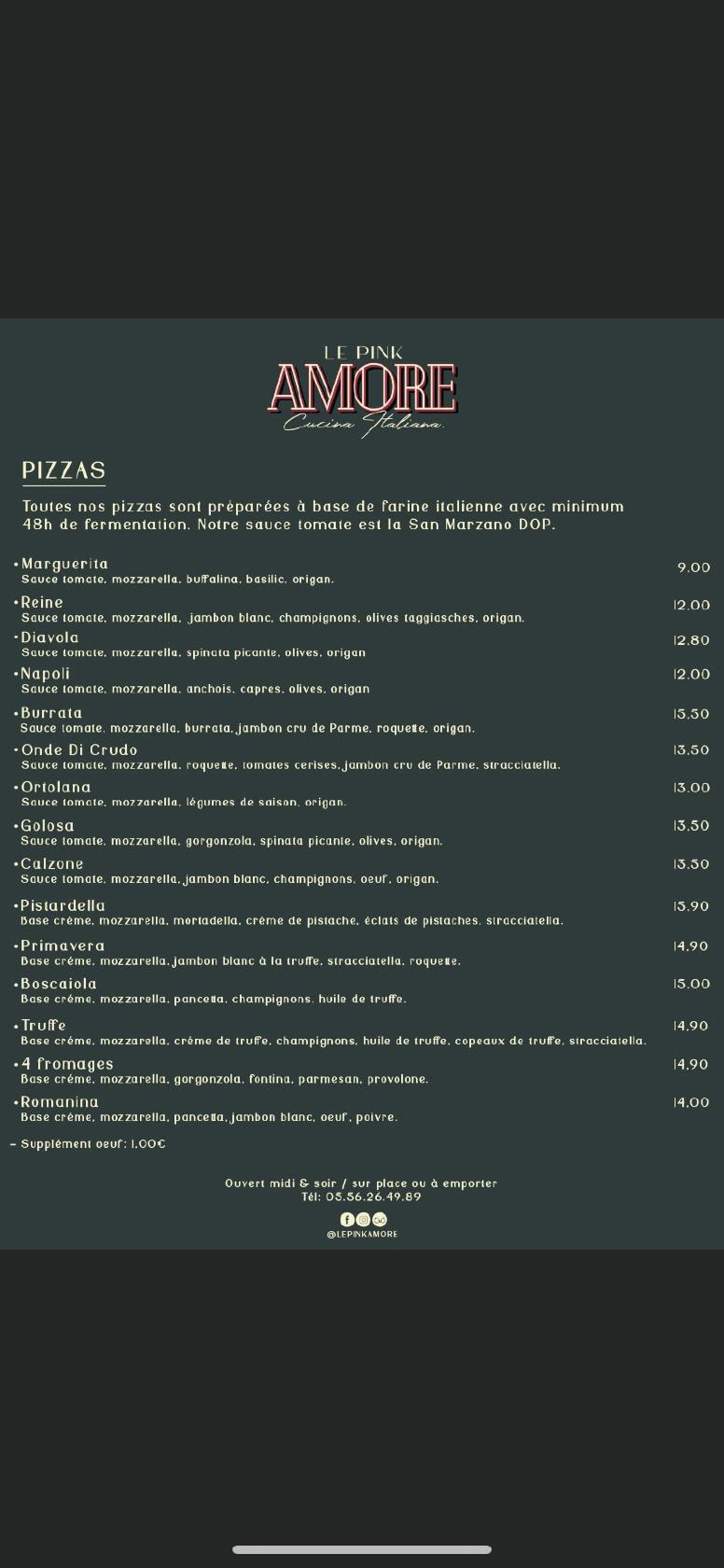 Menu at Le Pink Amore restaurant, Lacanau