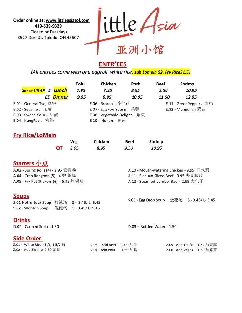 Menu at Little Asia restaurant, Toledo
