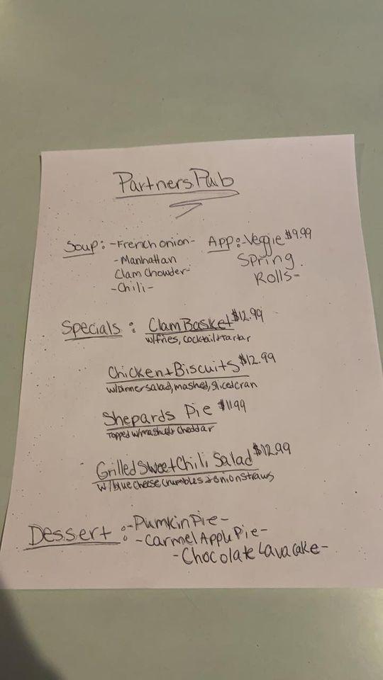 Menu at Partner's Pub and Grill, Johnstown