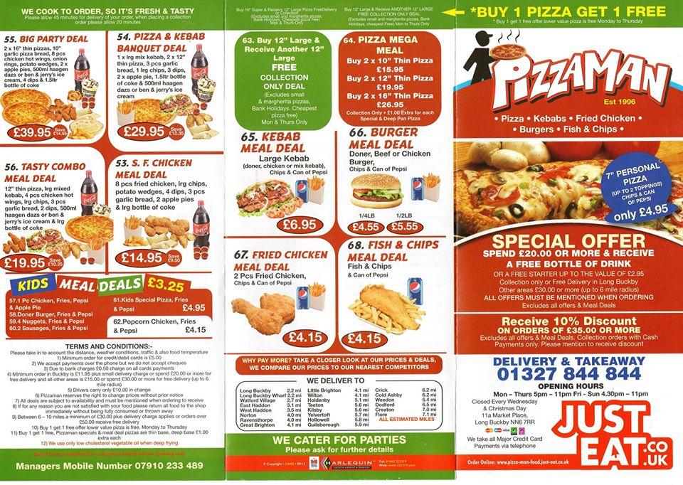 Menu at Pizza Man fast food, Long Buckby
