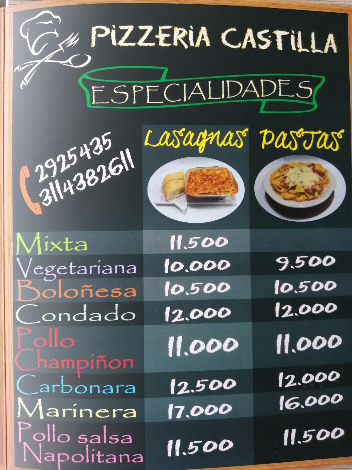Menu at Pizzería Castilla, Bogotá